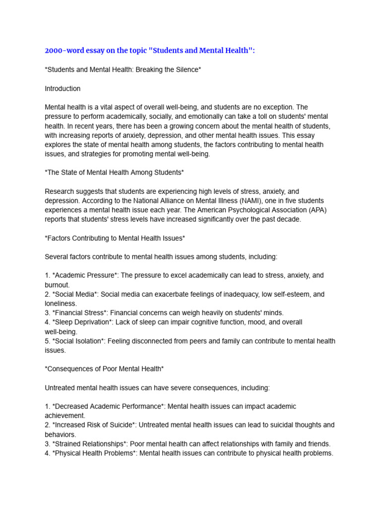 2000 Words Essay On Students and Mental Health | PDF | Mental Health ...