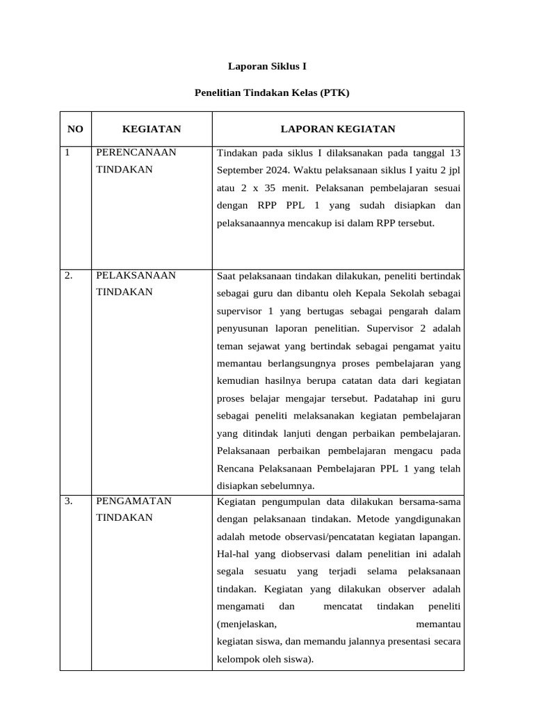 Contoh Laporan Siklus PTK 1 | PDF