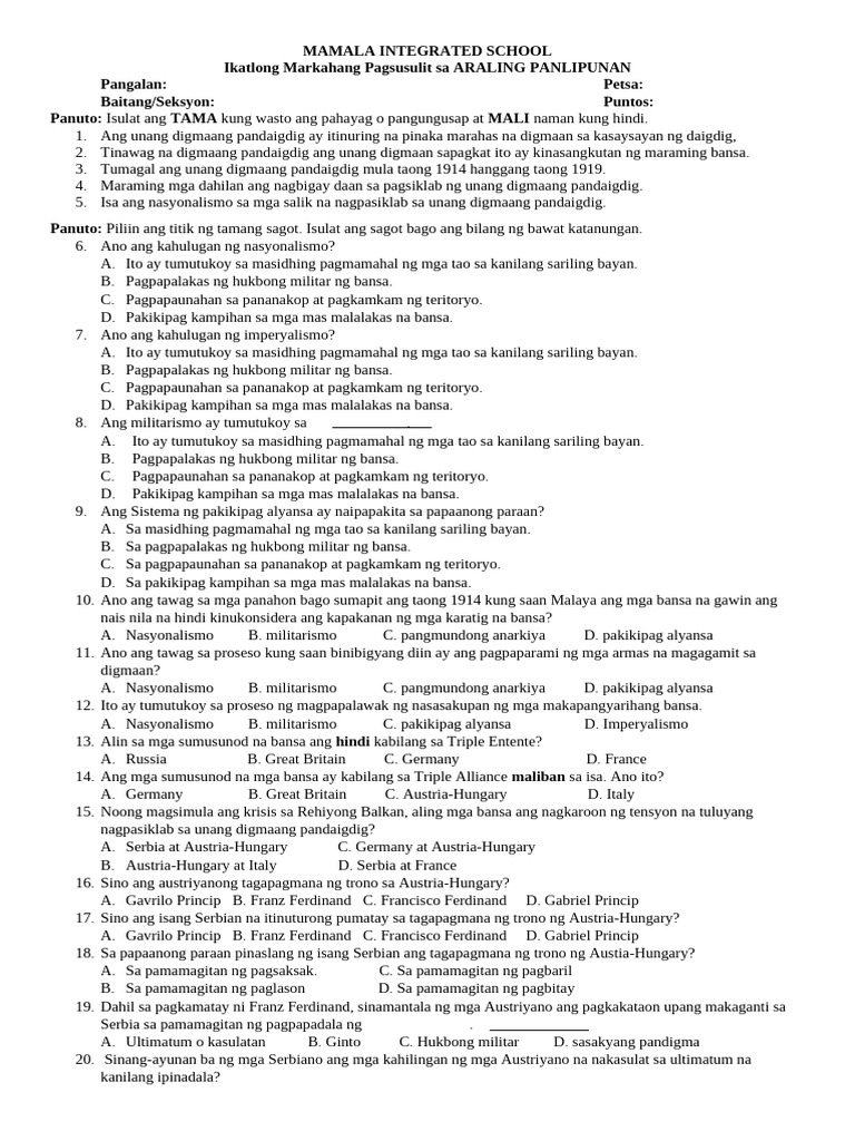 Araling Panlipunan q4 Pagsusulit | PDF