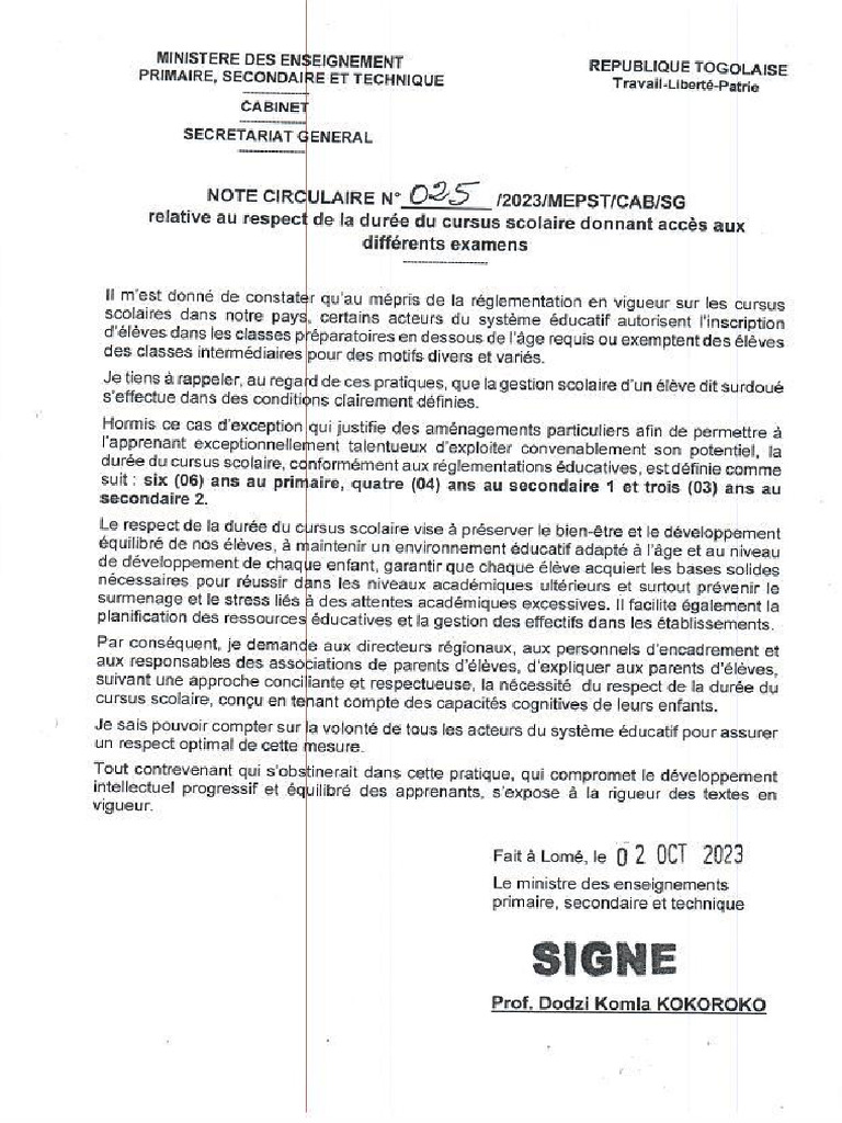 Note Circulaire-Respect de La Duree Du Cursus Scolaire | PDF