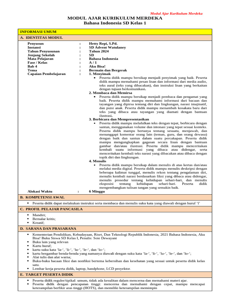 Modul Ajar BAB 4 Bah Ind Kelas 1 | PDF