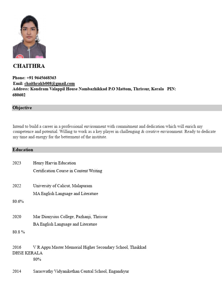 Resume Chaithra K | PDF