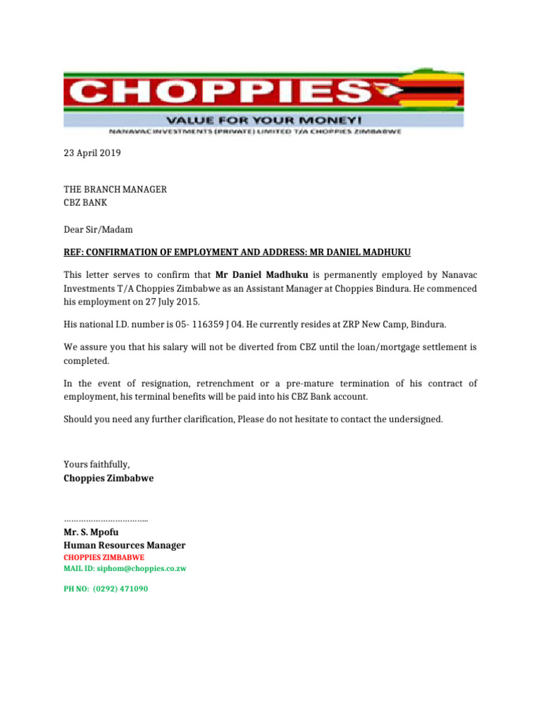 CBZ Bank Confirmation Letter | PDF