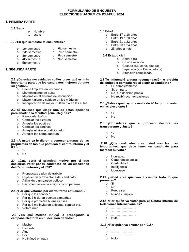 Formulario Encuestas Modelo para La Ci-Icu-Ful | PDF | Elecciones ...
