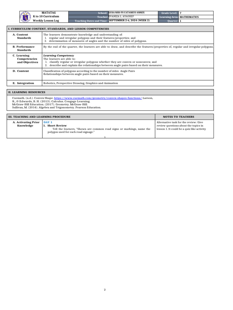 DLL Matatag - Math 7 Q1 W2 | PDF
