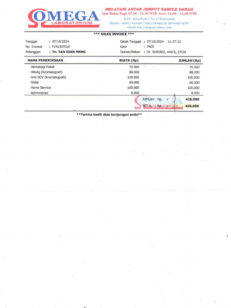 Hasil Lab TN Tan Kian Meng 20241007 | PDF