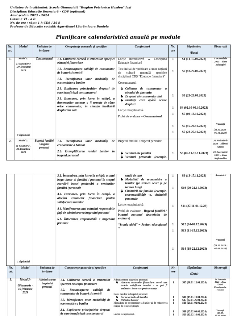 Planificare Clasa 6b 2023 2024 Ed Financiara Cds | PDF