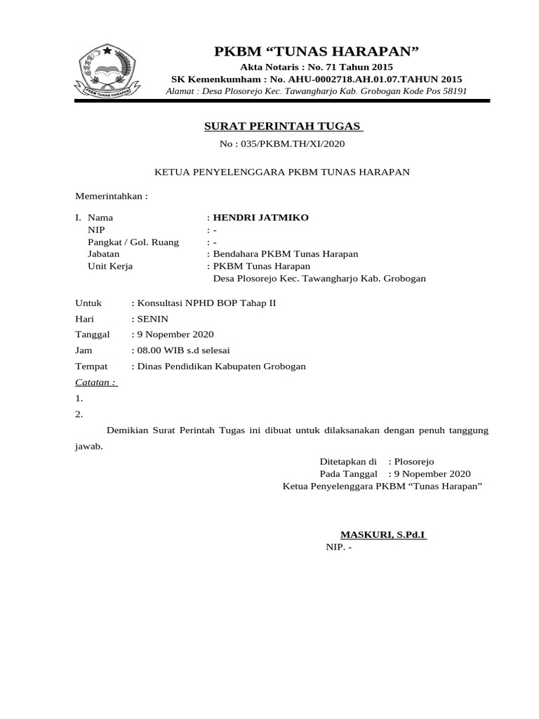 Surat Perintah Tugas, SPD Dan Hasil SDH | PDF