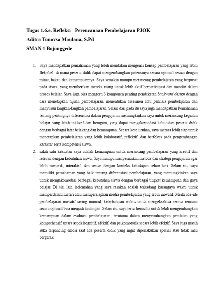 Tugas 1.6.e. Refleksi - Perencanaan Pembelajaran PJOK Aditra | PDF