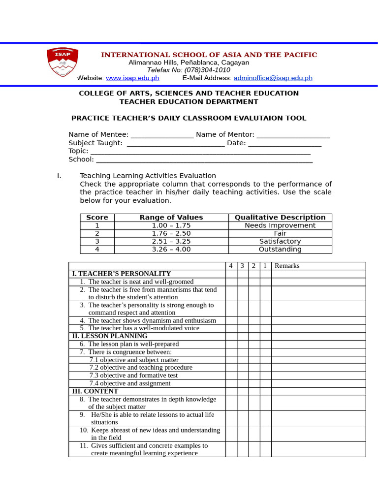 Teaching Learning Evaluation Form | PDF