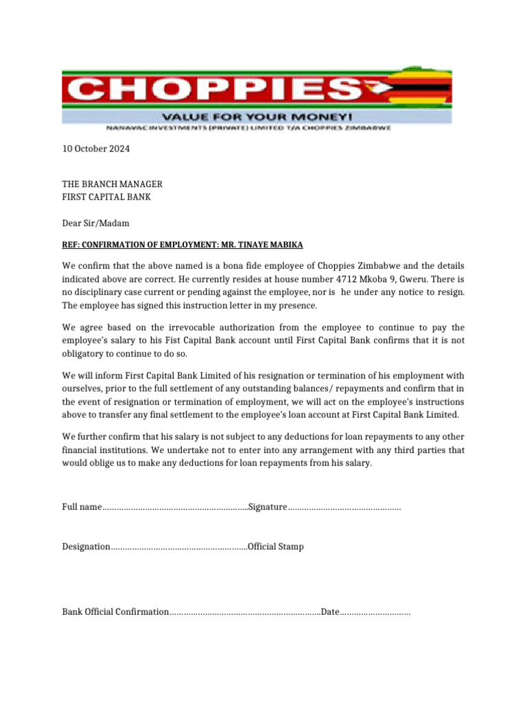 First Capital Bank Confirmation Letter | PDF