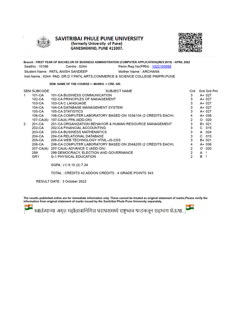 Open Savitribai Phule Pune University, Online Result | PDF