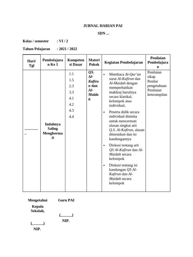 Jurnal Harian Pai | PDF
