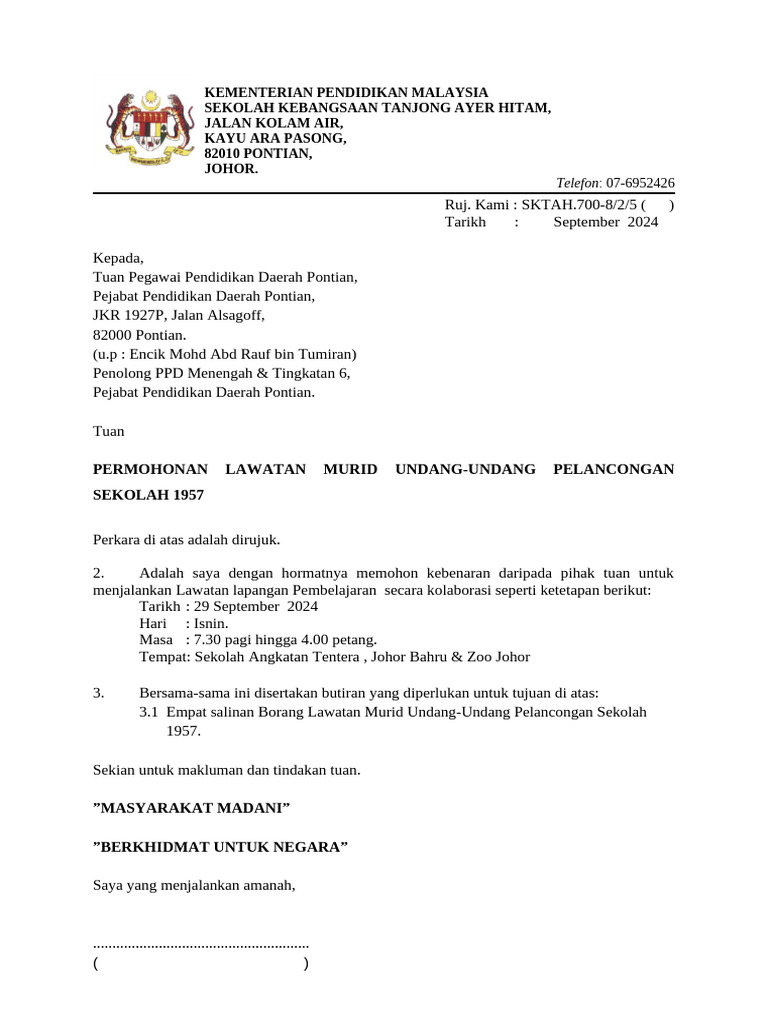 Surat Permohonan Lawatan 2023 | PDF