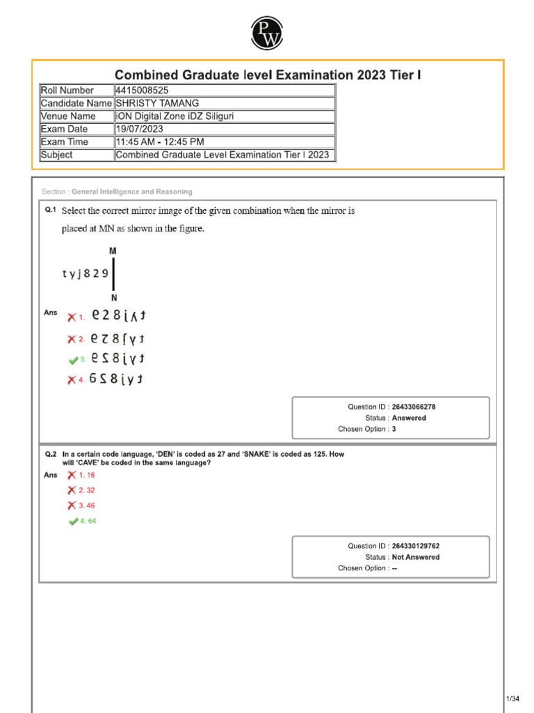 SSC CGL Answer Key 19-7-2023 Shift 2 | PDF