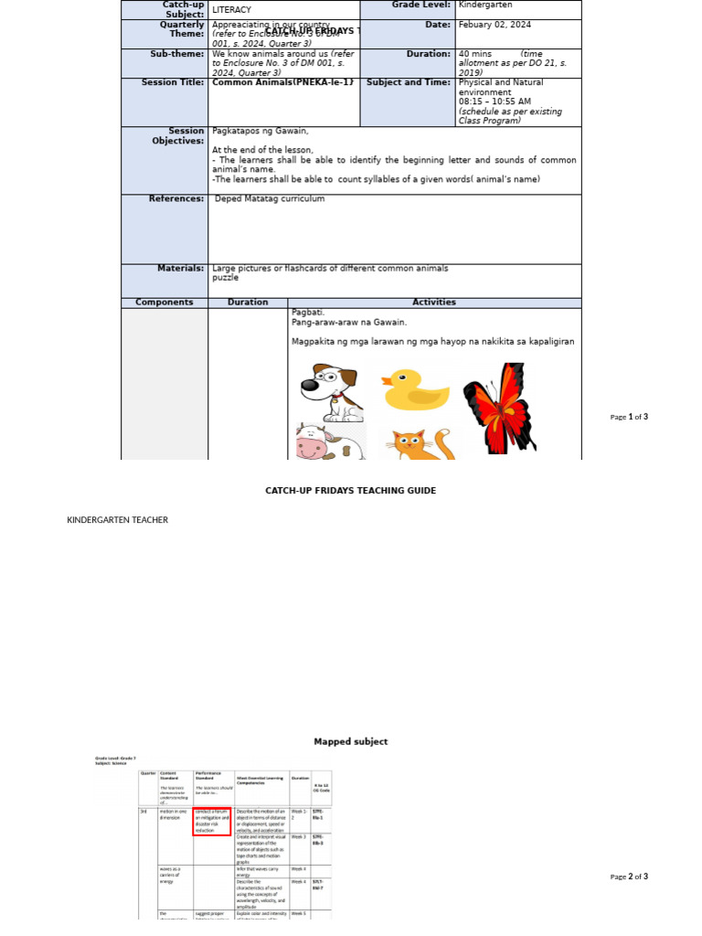 Kinder Catch Up Friday Lesson Plan | PDF