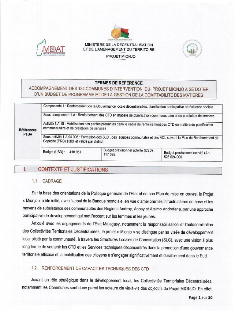 TDRS Accopagnement Communes Mionjo en BP Et Cmat - 05092024 | PDF
