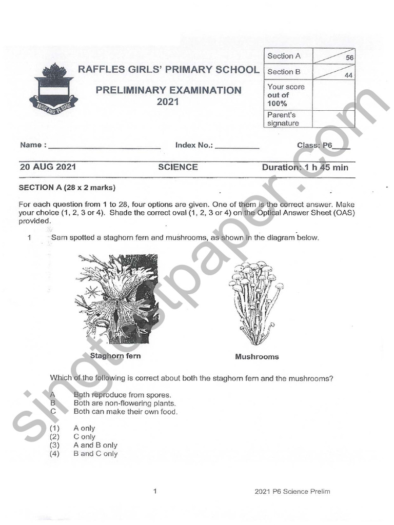 2021 P6 Science Prelim Raffles Girls | PDF