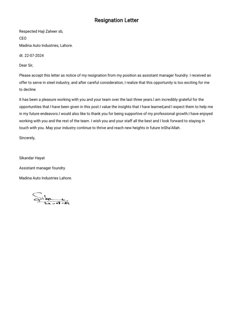 Resignation Letter - foundry assistant manager | PDF