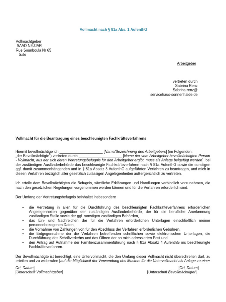 Vollmacht Nach 81a Abs. 1 AufenthG | PDF
