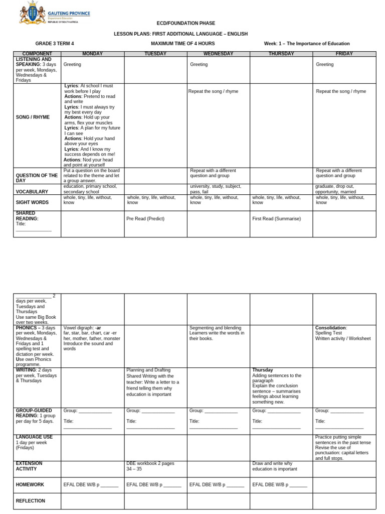 Lesson Plans EFAL Grade 3 Term 4 | PDF