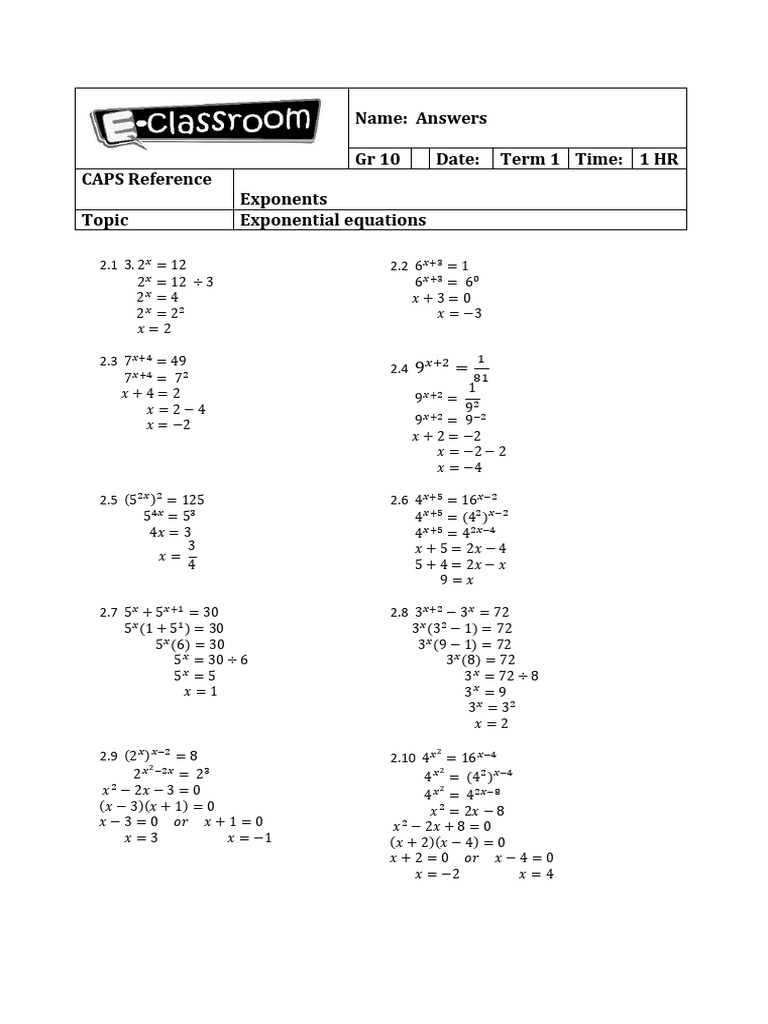 gr10t1 Exponents Expontential Equations Memo | PDF | Mathematics ...