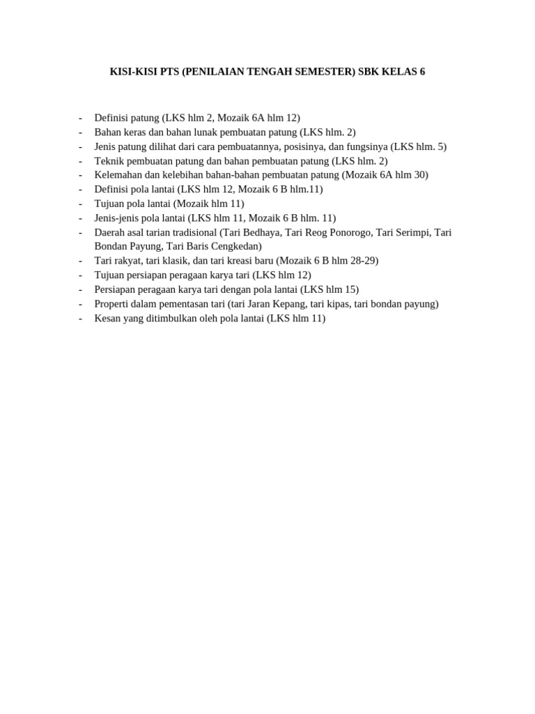 Kisi-Kisi SBK Kelas 6 | PDF