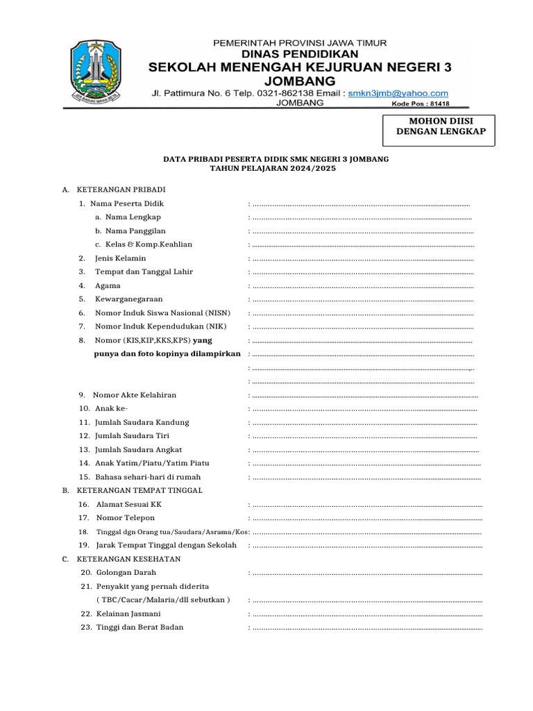 Blangko Biodata Siswa Th 2024-2025 | PDF