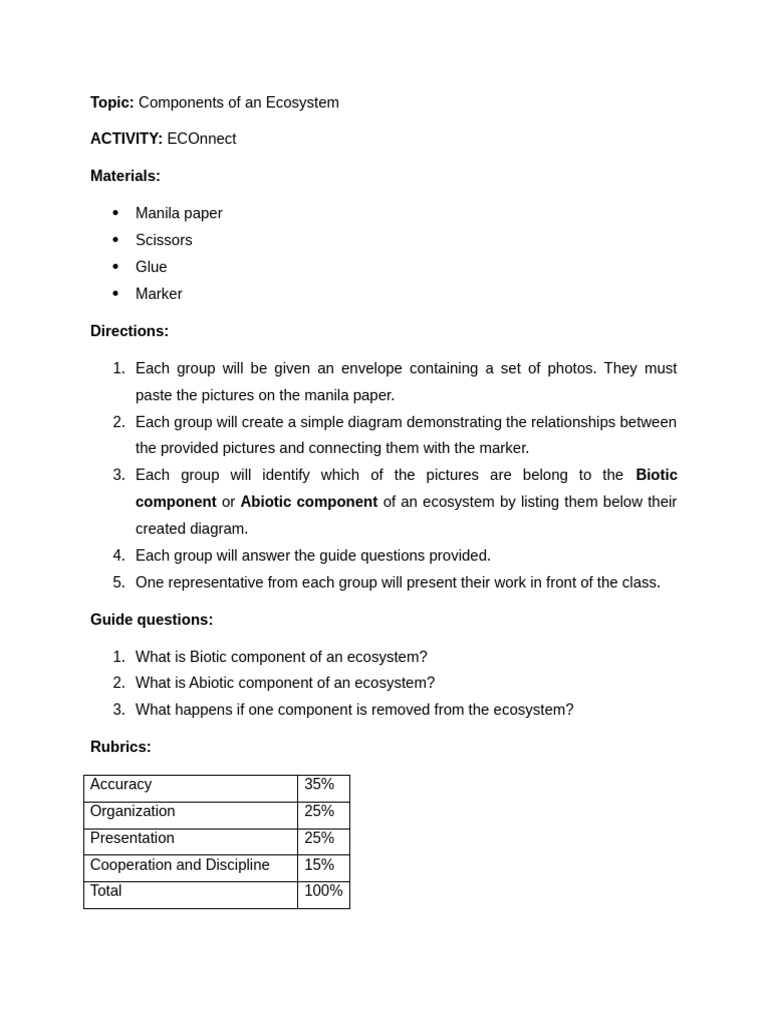 ACTIVITY - Components of An Ecosystem | PDF