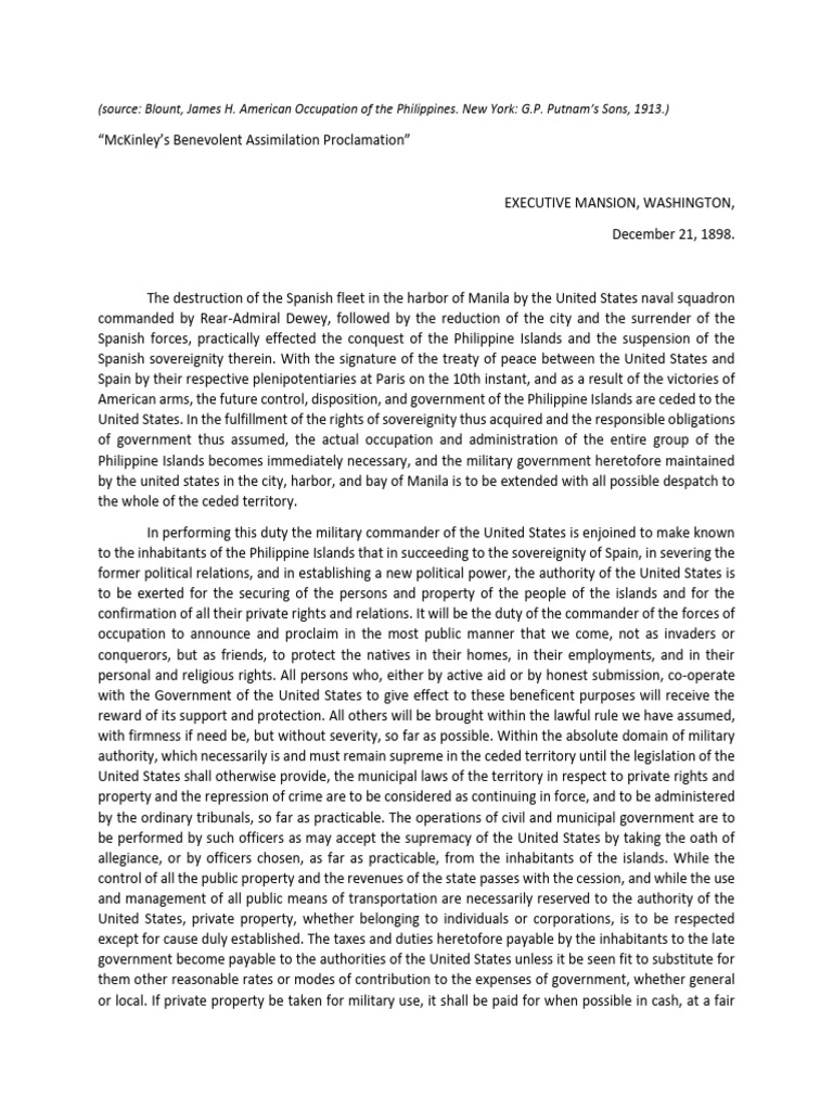 McKinley's Benevolent Assimilation Proclamation | PDF