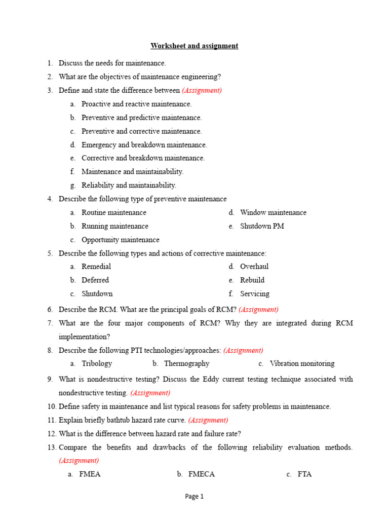 Worksheet and Assignments | PDF