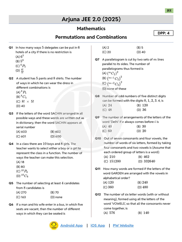 Permutations and Combinations DPP 04 (Of Lec 08) | PDF
