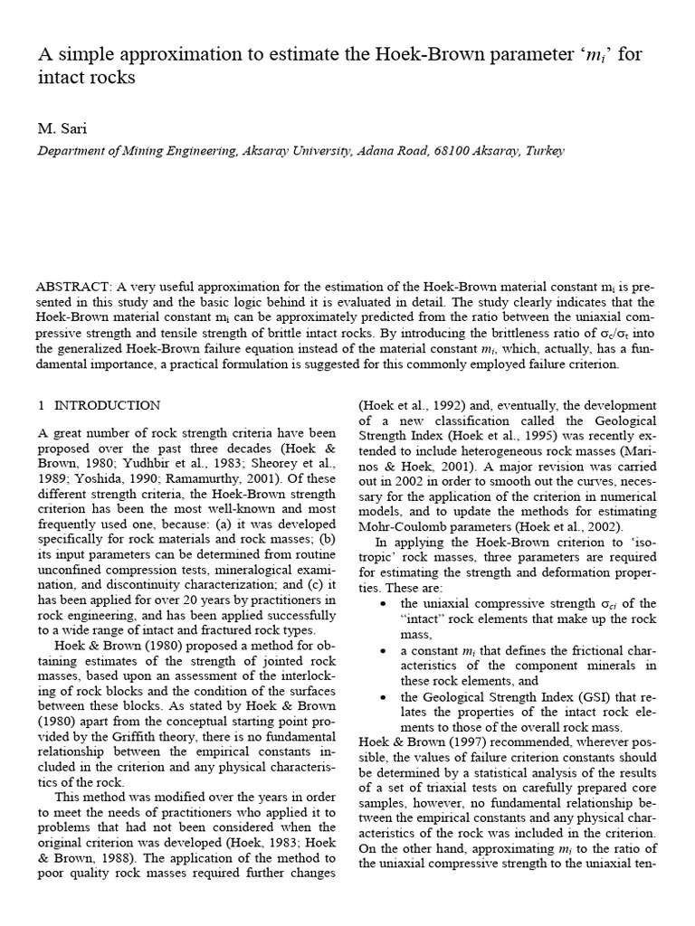 Sari - A Simple Approximation To Estimate The Hoek-Brown Parameter Mi ...