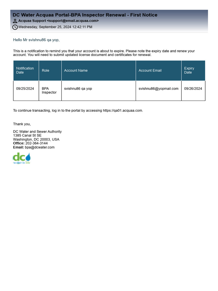 DC Water Acquaa Portal-BPA Inspector Renewal - First Notice | PDF