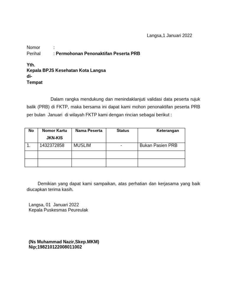 Surat Penonaktifkan PRB | PDF