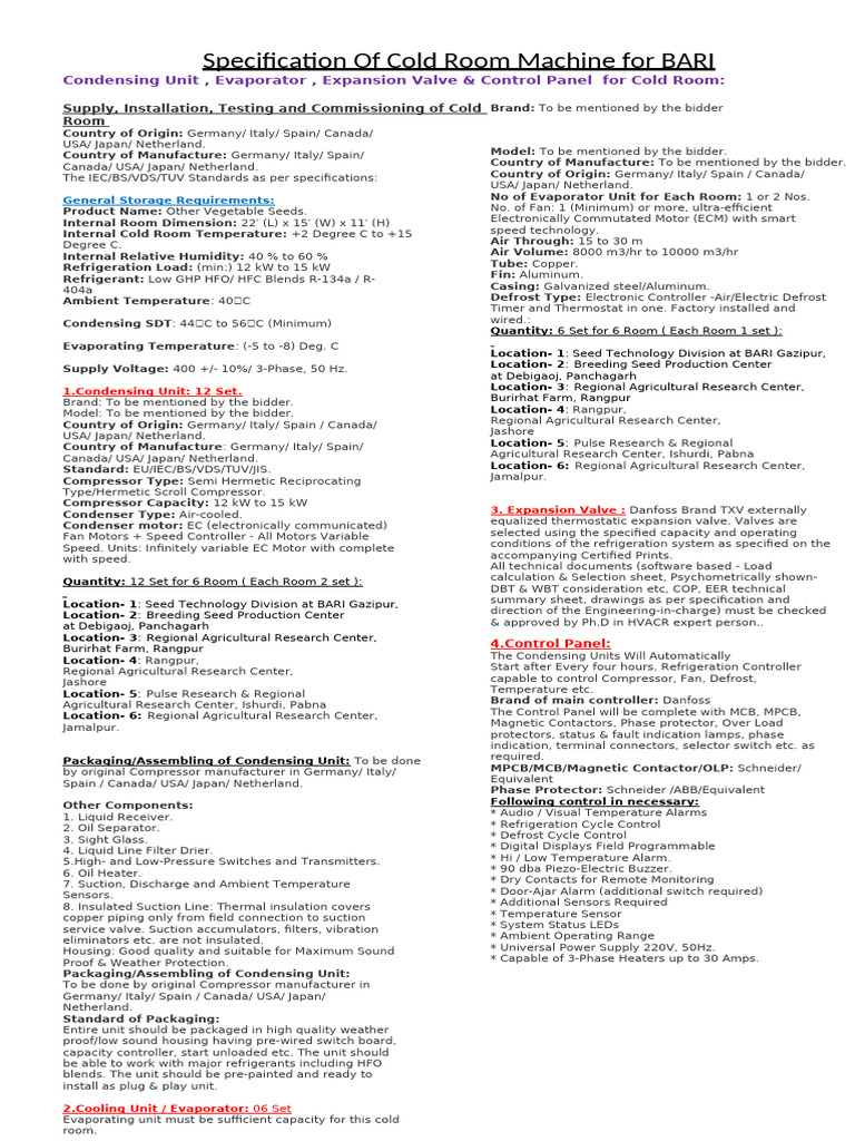 Specification of Cold Room Machine For BARI | PDF
