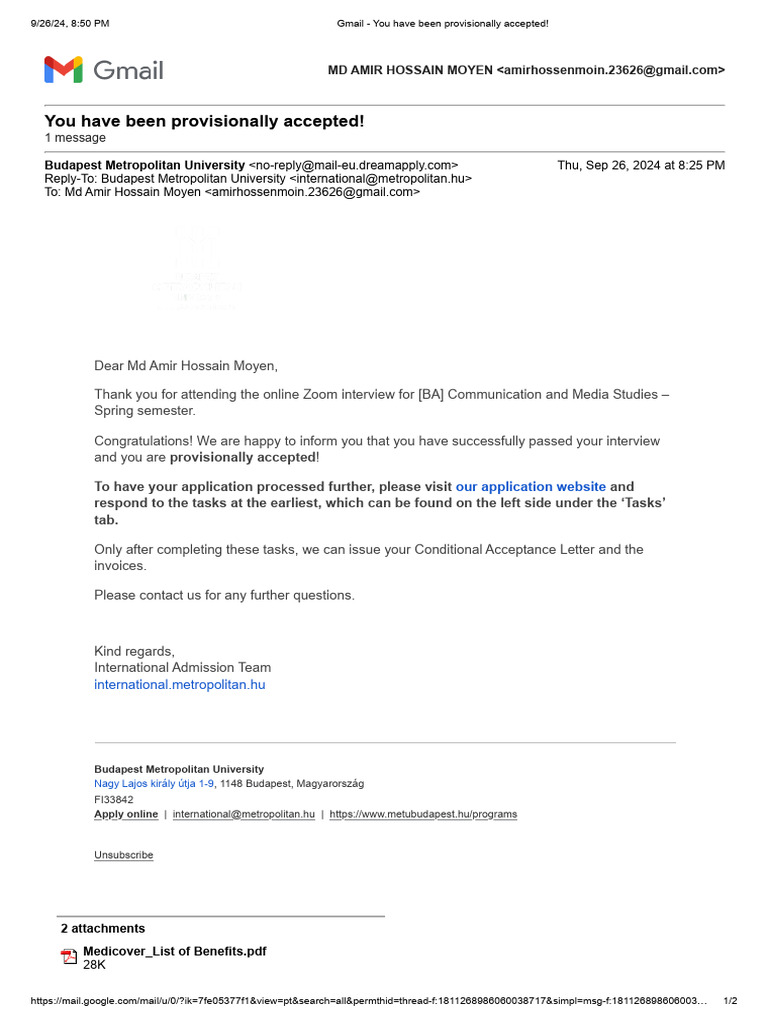 Gmail - You Have Been Provisionally Accepted! | PDF