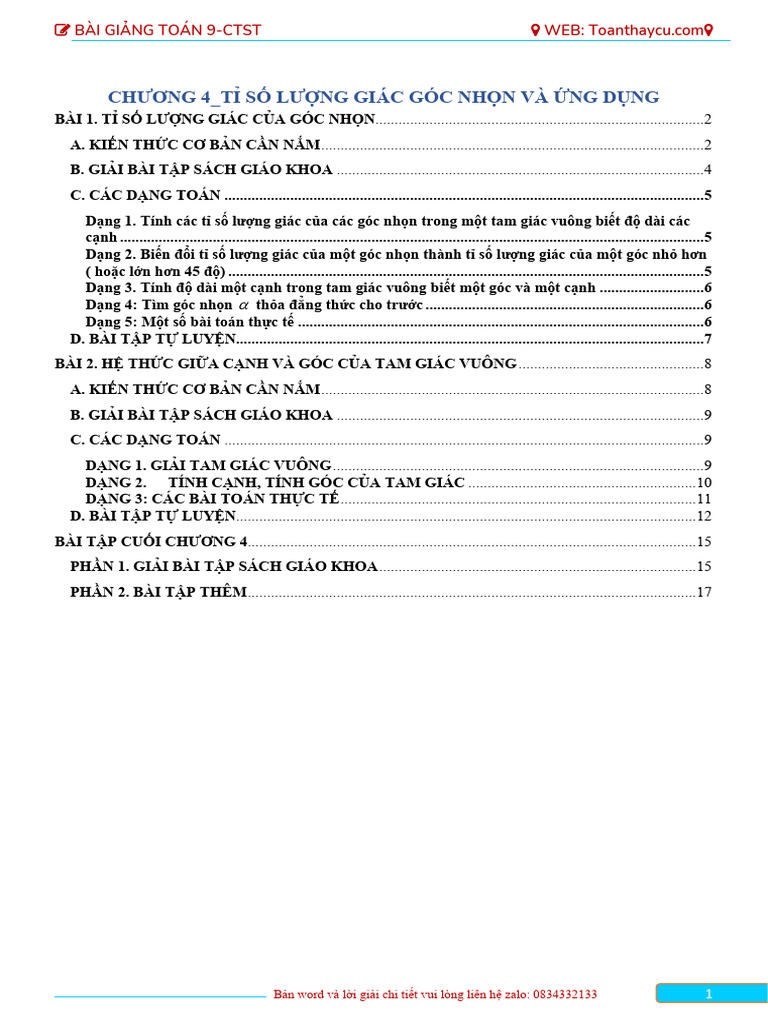 (toanthaycu.com) - Chương 4 - Tỉ số lượng giác góc nhọn và ứng dụng - Toán 9 - CTST | PDF