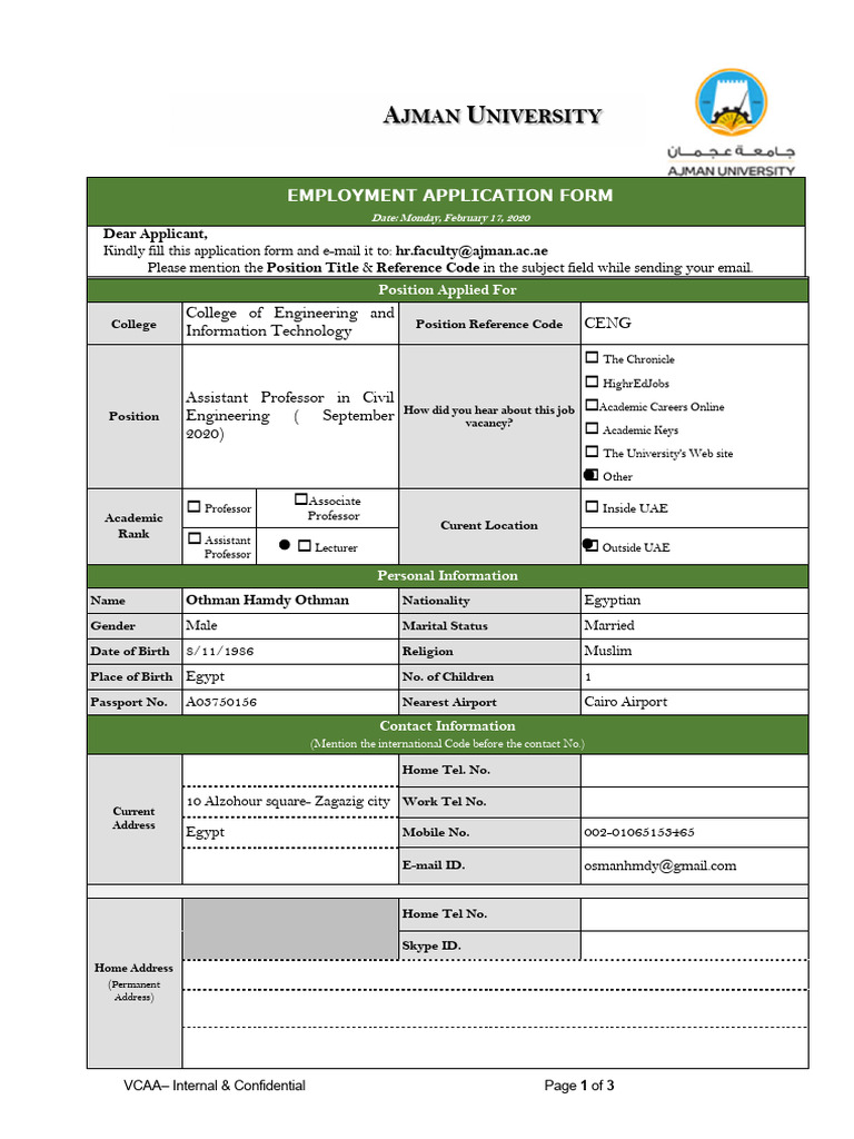 AU CV Application Form English | PDF