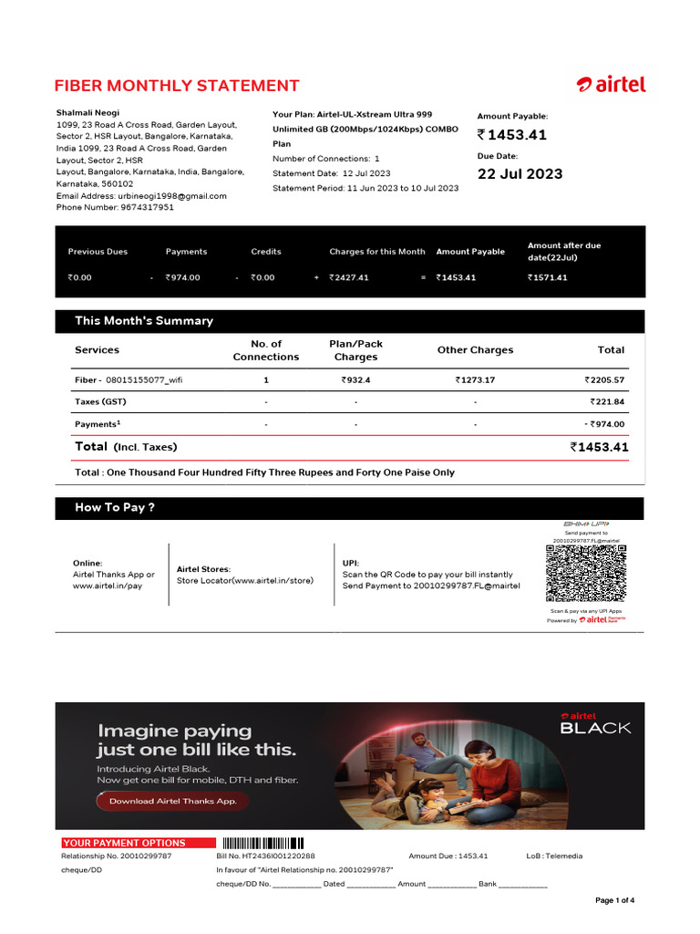 Bill For Your Airtel Xstream Fiber 08015155077 - Wifi - July'23 | PDF