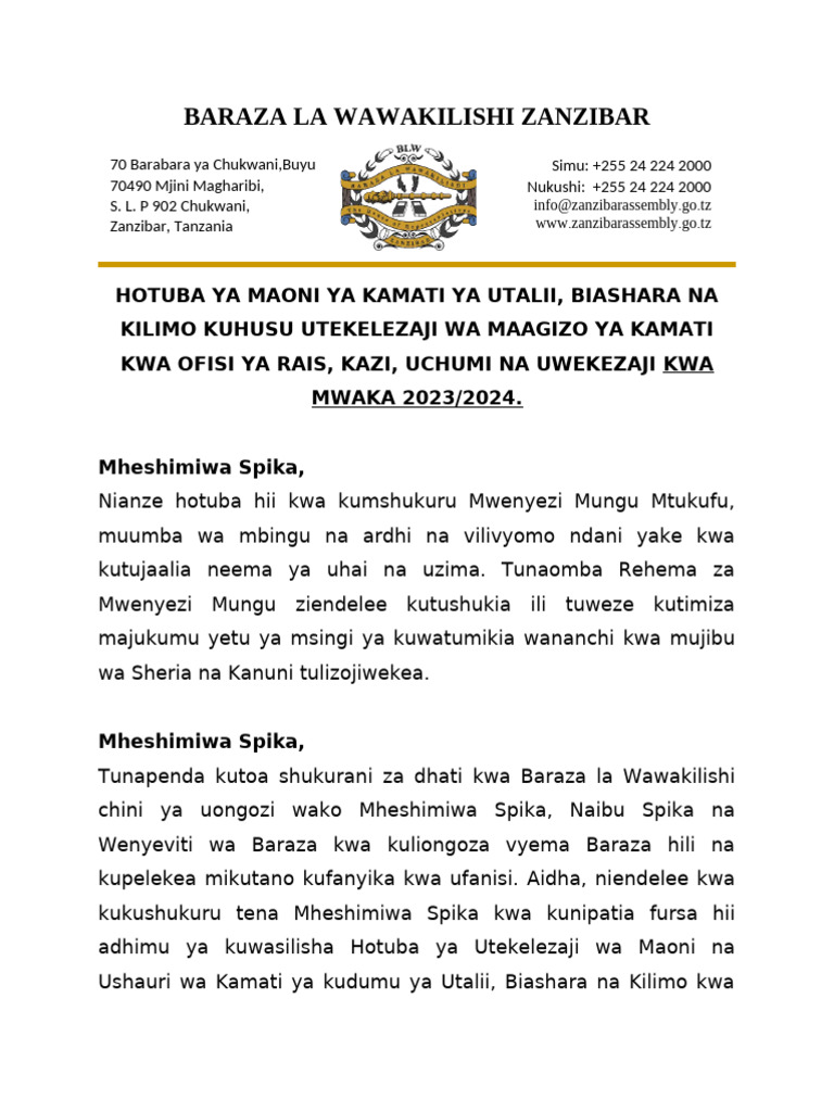Hotuba Afisi Ya Kazi Na Uwekezaji | PDF