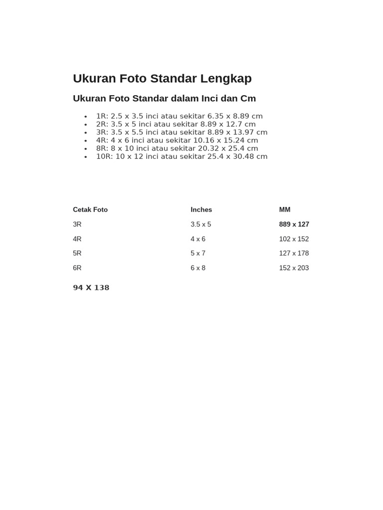 Ukuran Foto Standar Lengkap | PDF
