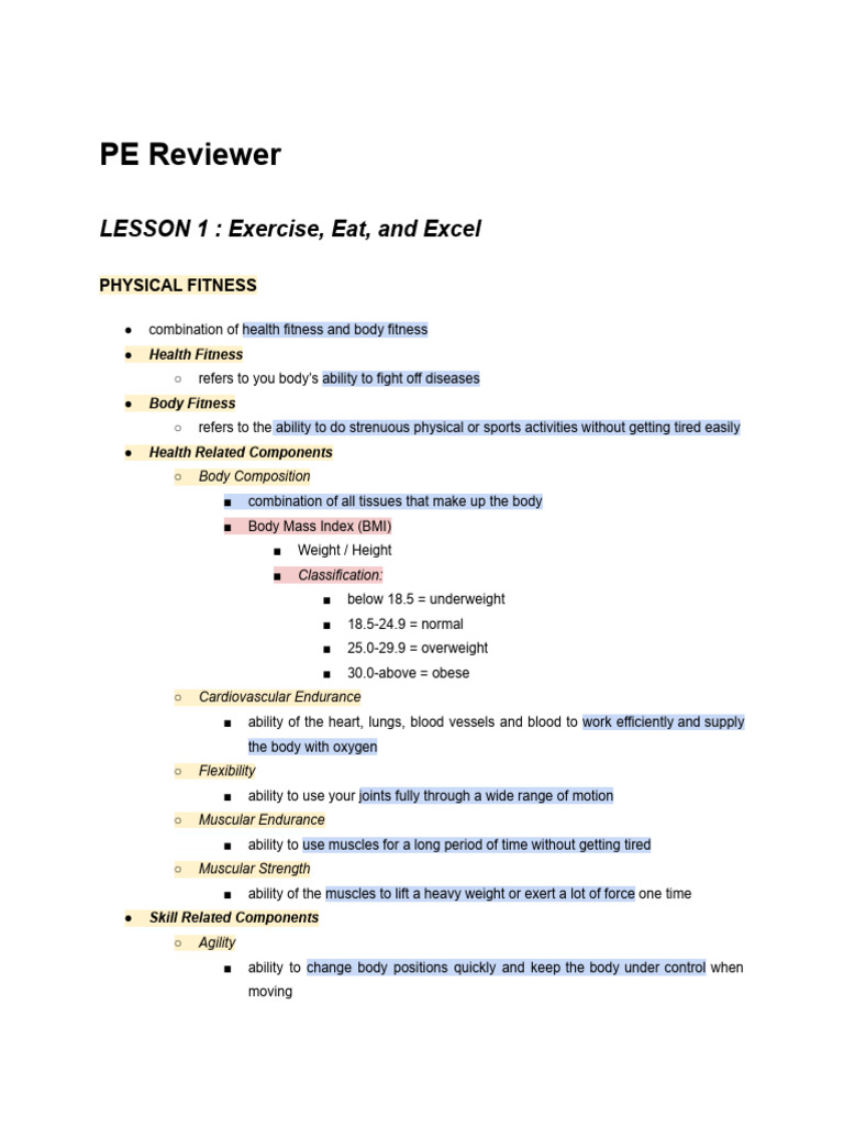 PE Reviewer: LESSON 1: Exercise, Eat, and Excel | PDF