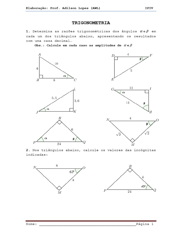 Trigonometria Do Triângulo Rectângulo | PDF