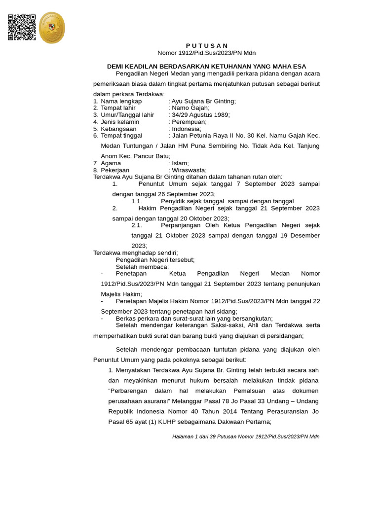 Putusan 1912 Pid - Sus 2023 PN MDN 20240916195426 | PDF