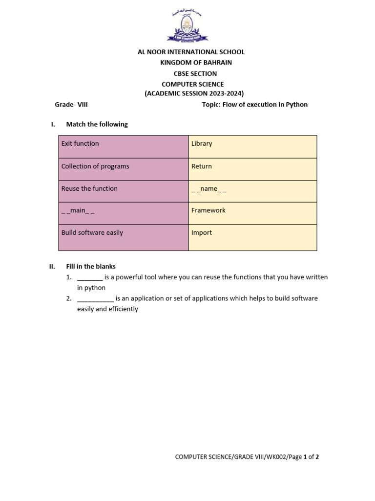 Chapter 6 Flow of Execution Worksheet With Answer Key | PDF