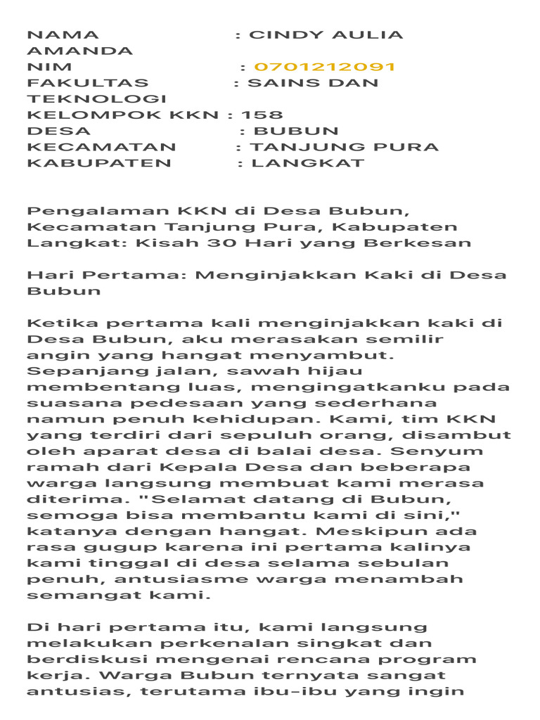 Cerita Pengalaman KKN Cindyauliaamanda | PDF
