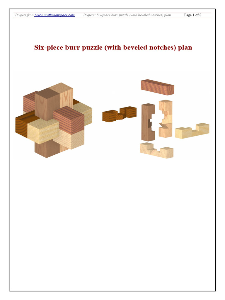 Six-piece burr puzzle with beveled notches plan | PDF