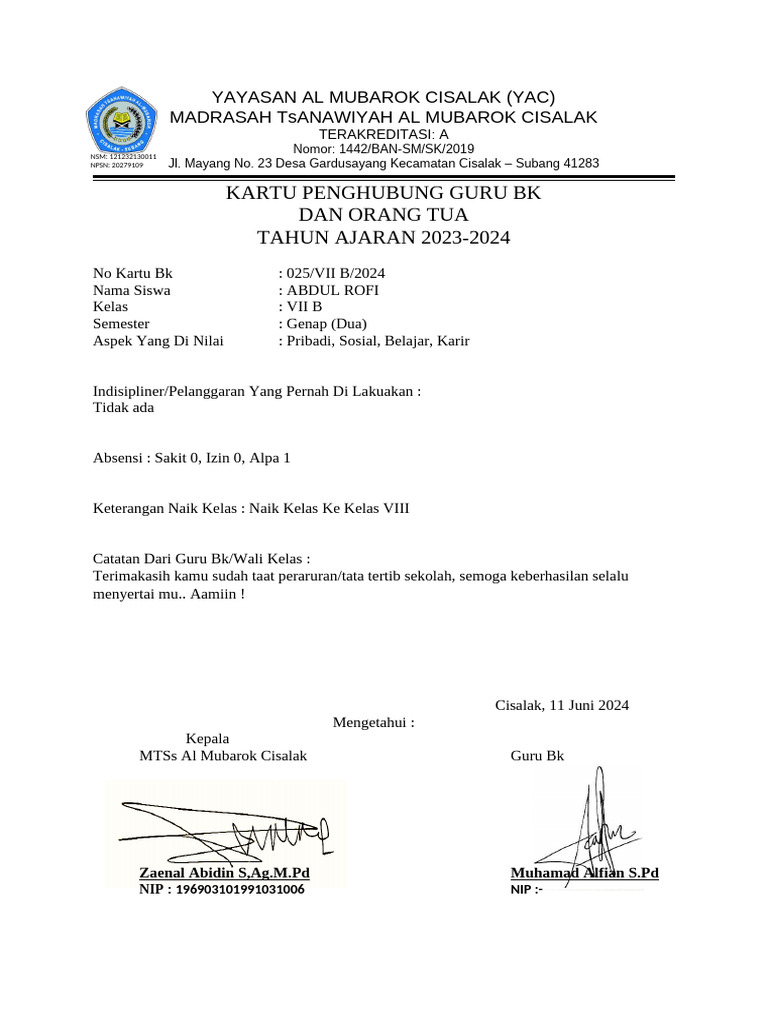 Laporan Perkembangan Siswa Kls 7b Finis | PDF