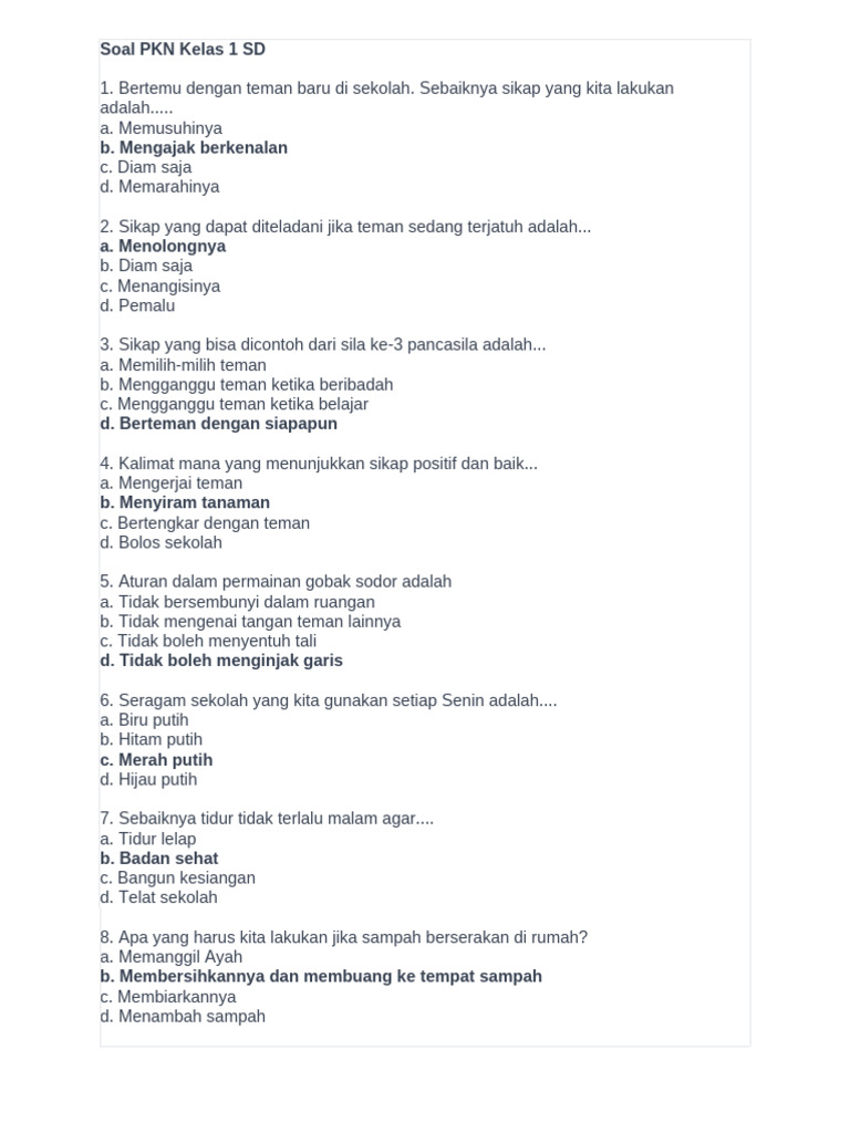 Soal PKN Kelas 1 SD | PDF